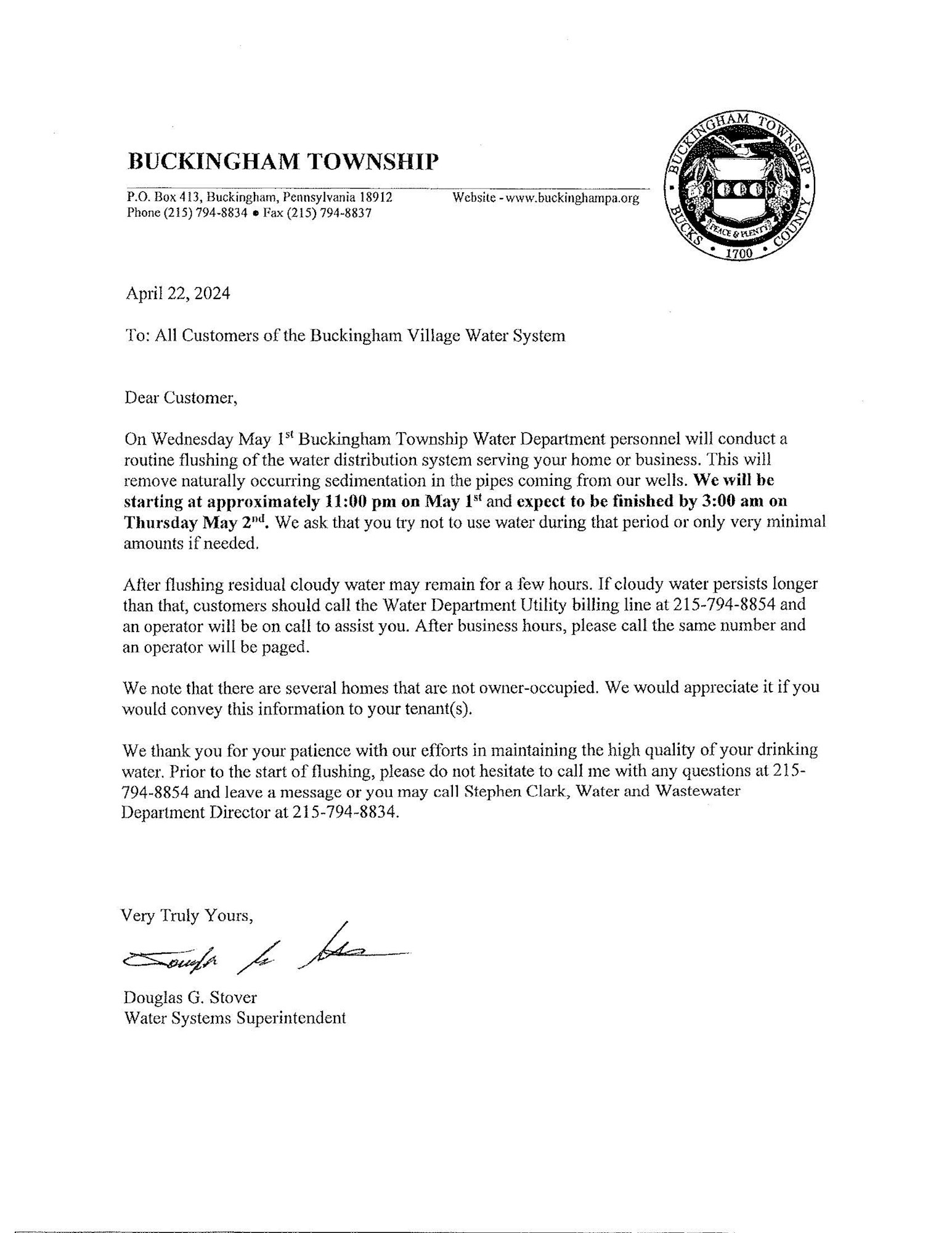 2024 Buckingham Village routine flushing of water distribution system ...